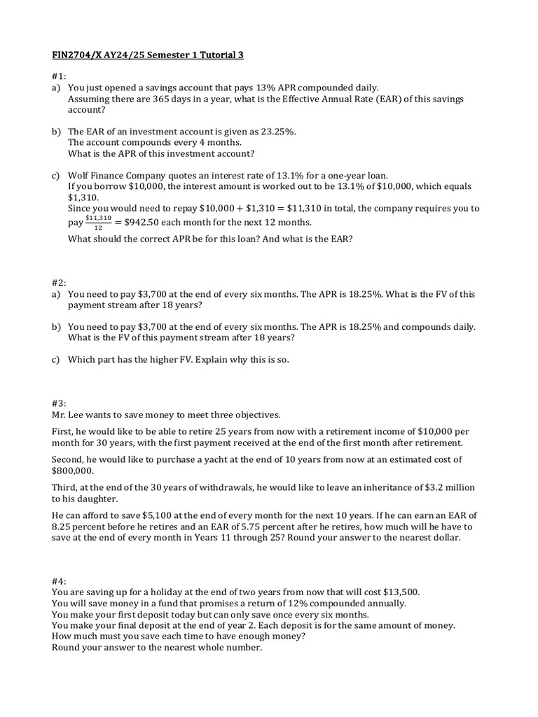 FIN2704 AY24-25 Sem1 Tutorial 3 Questions | PDF | Annual Percentage Rate | Interest