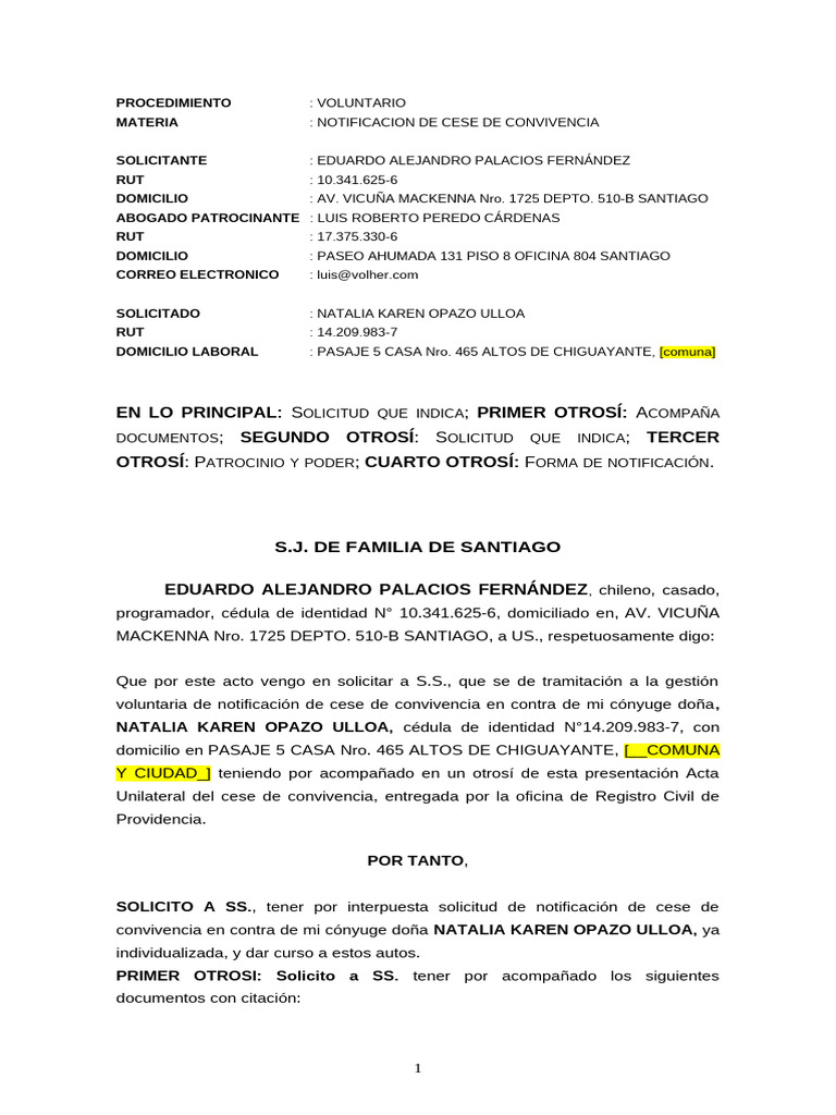 Solicitud de Notificación de Cese de Convivencia | PDF | Ley Pública ...