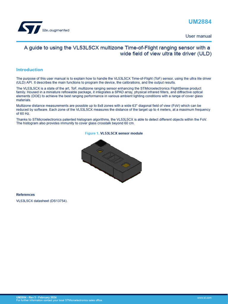 Um2884 A Guide To Using The Vl53l5cx Multizone Timeofflight Ranging Sensor With Wide Field Of