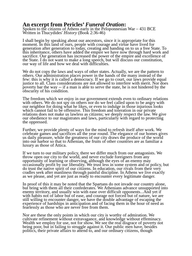 Pericles Funeral Oration Excerpt | PDF | Politics | Social Science