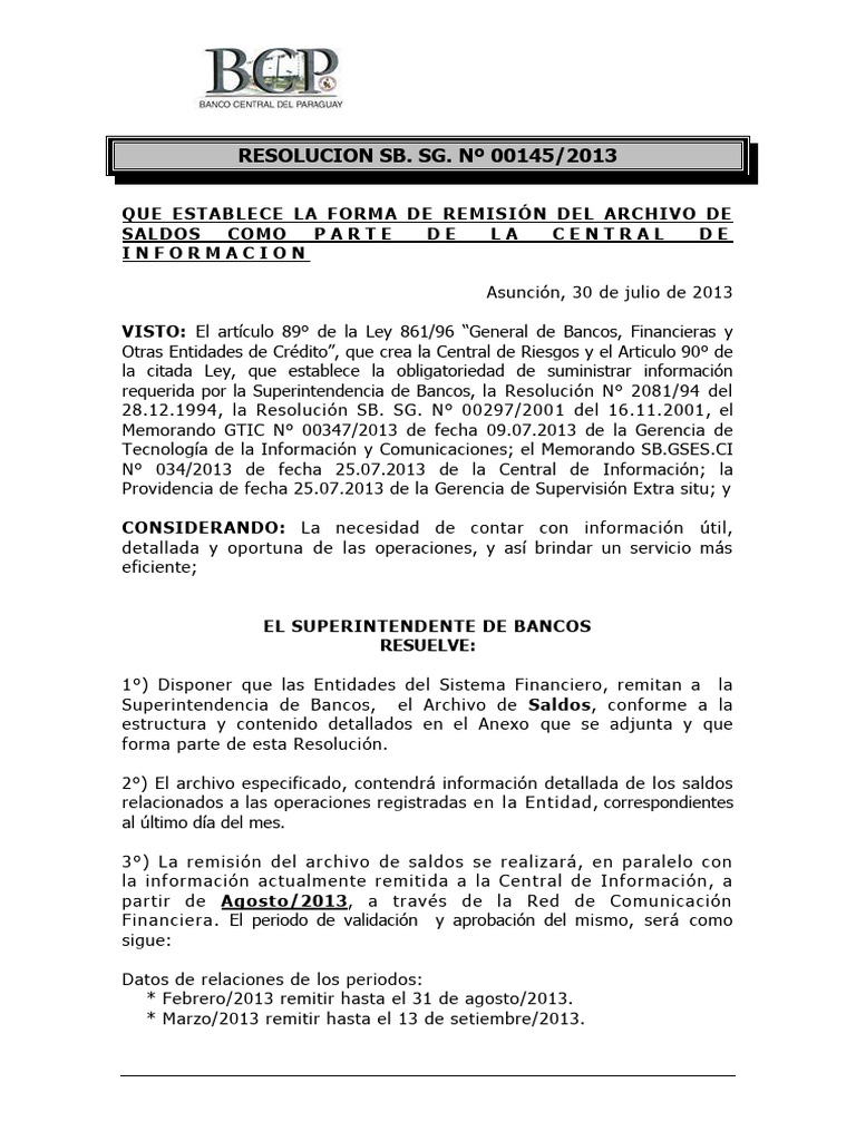 RESOLUCION_SB_SG_Nro_145_2013 | PDF | Bancos