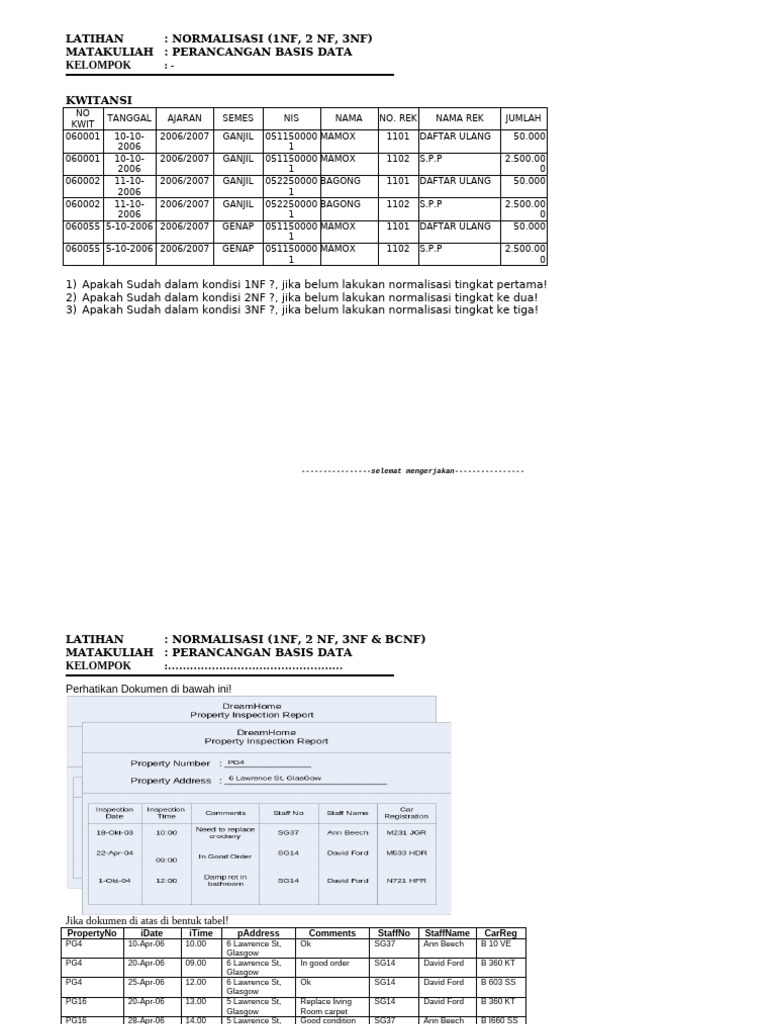 pt10 Tugas Normalisasi (1nf, 2nf, 3nf&bcnf) | PDF