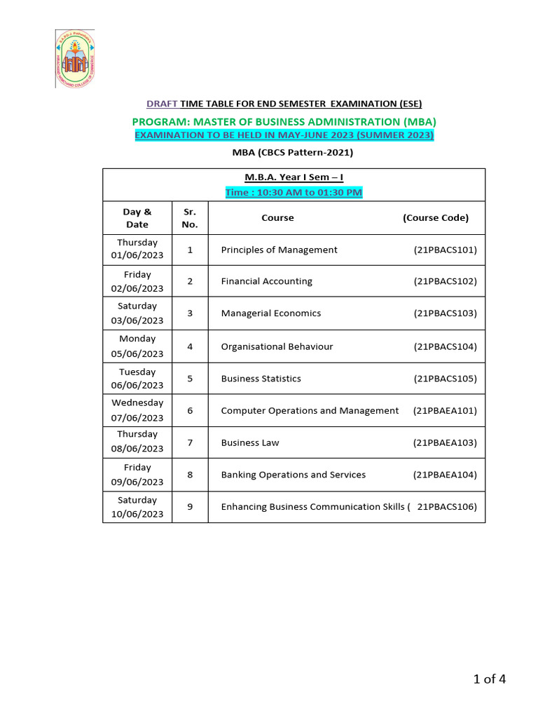 MBA May 2023 Draft Timetable All Semesters | PDF | Master Of Business ...