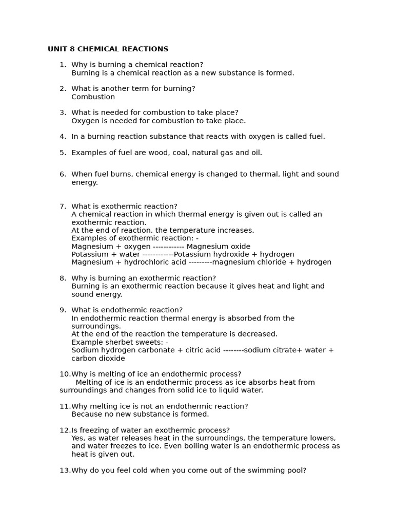 UNIT 8 CHEMICAL REACTIONS | PDF | Combustion | Chemical Reactions