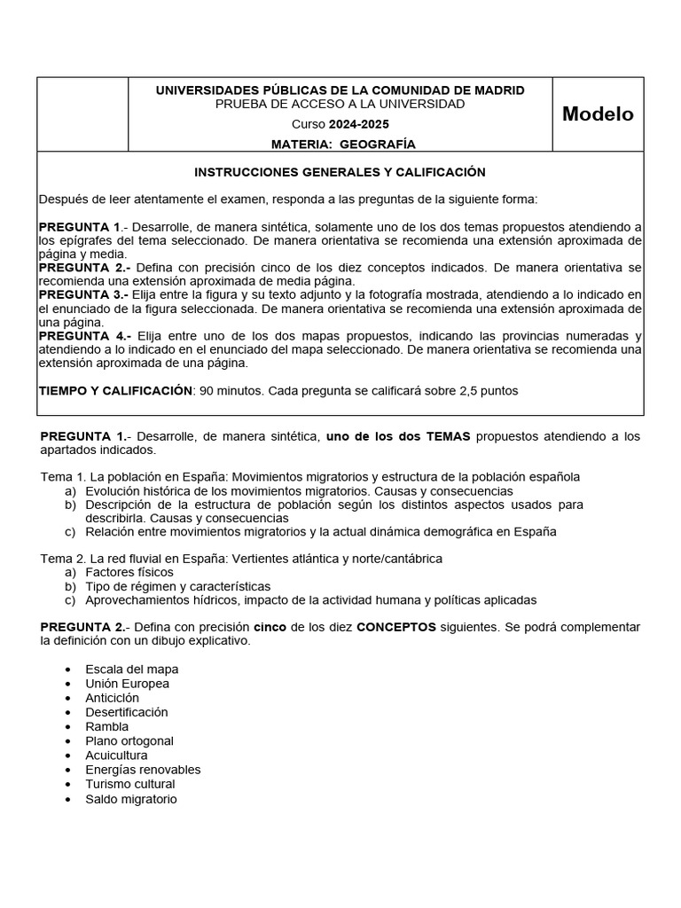 2024-2025 Modelo examen Geografía | PDF | España | Clima