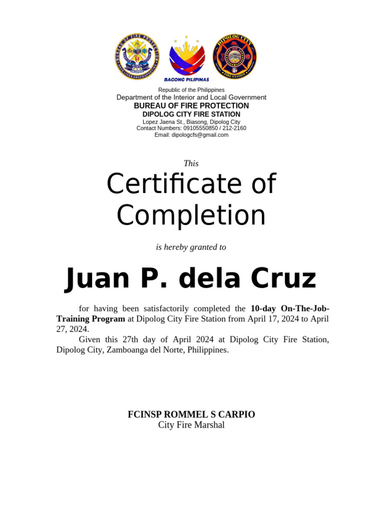 Certificate of Completion OJT | PDF