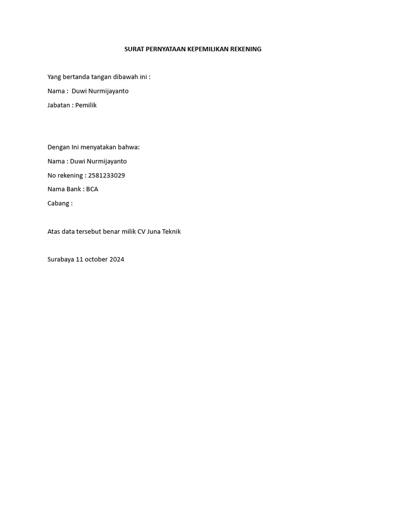Surat Pernyataan Rekening | PDF