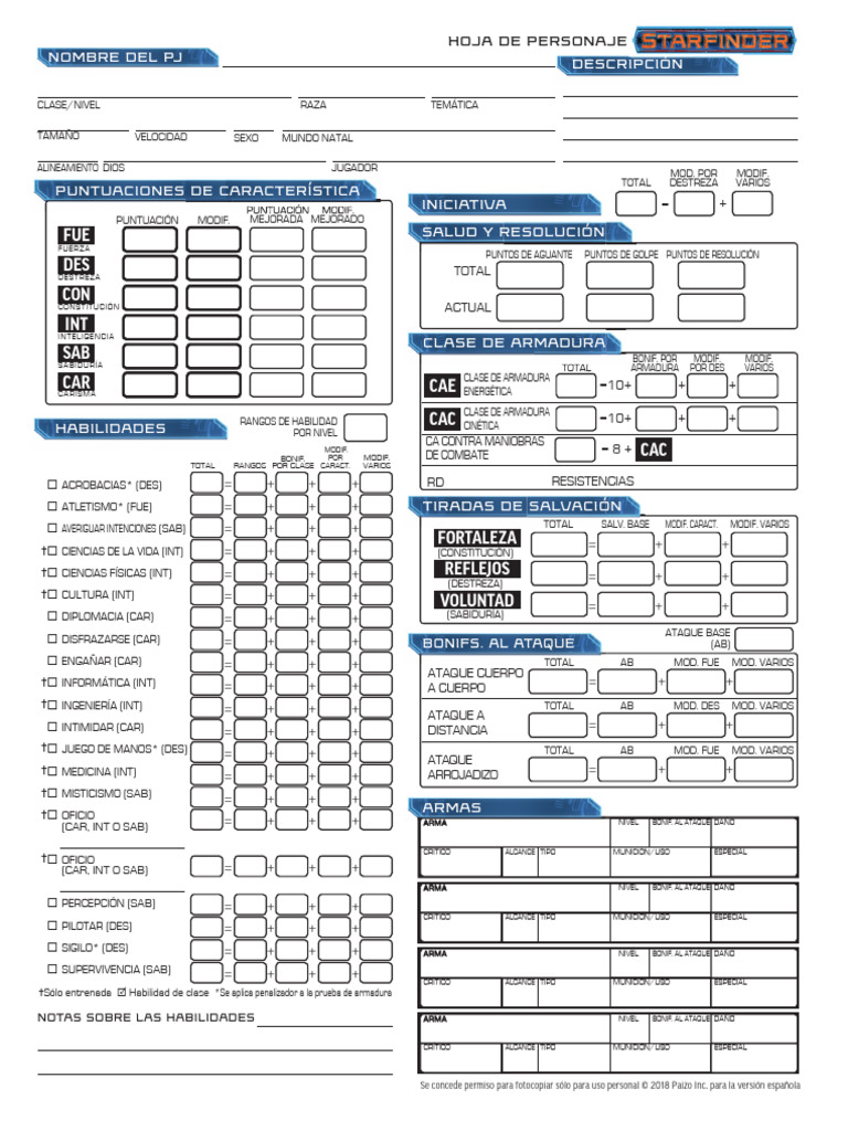 Starfinder Hoja de Personaje | PDF