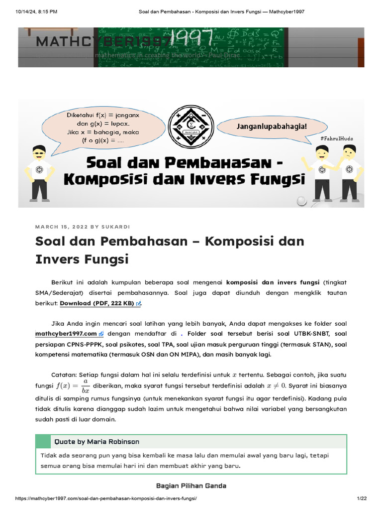 Soal Dan Pembahasan - Komposisi Dan Invers Fungsi - Mathcyber1997 | PDF