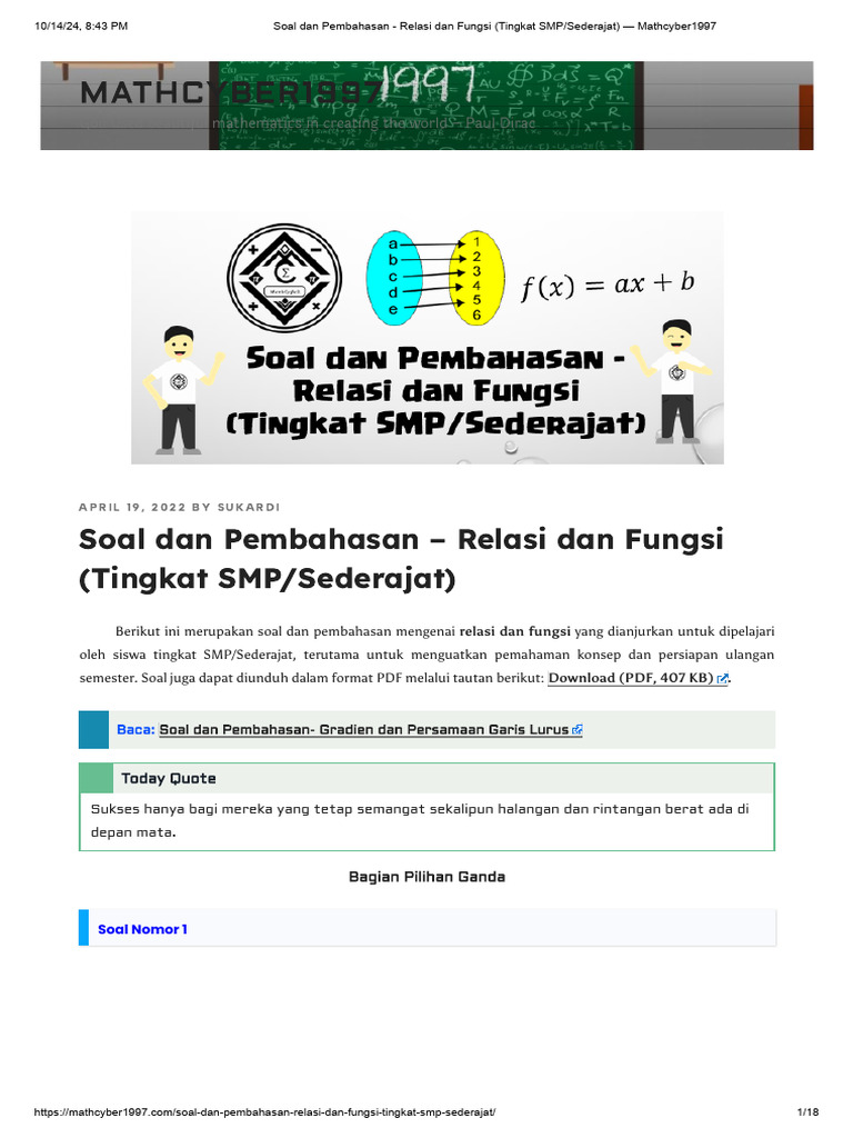 Soal Dan Pembahasan - Relasi Dan Fungsi (Tingkat SMP - Sederajat) - Mathcyber1997 | PDF