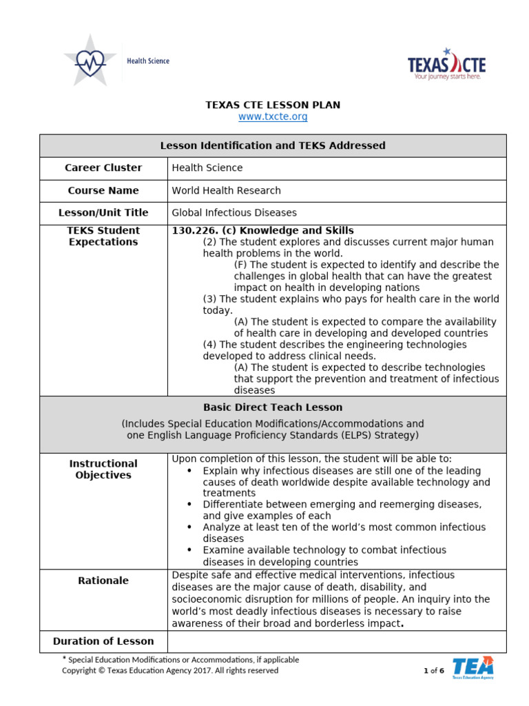 Lesson Plan Global Infectious Diseases | PDF | Tuberculosis | Infection