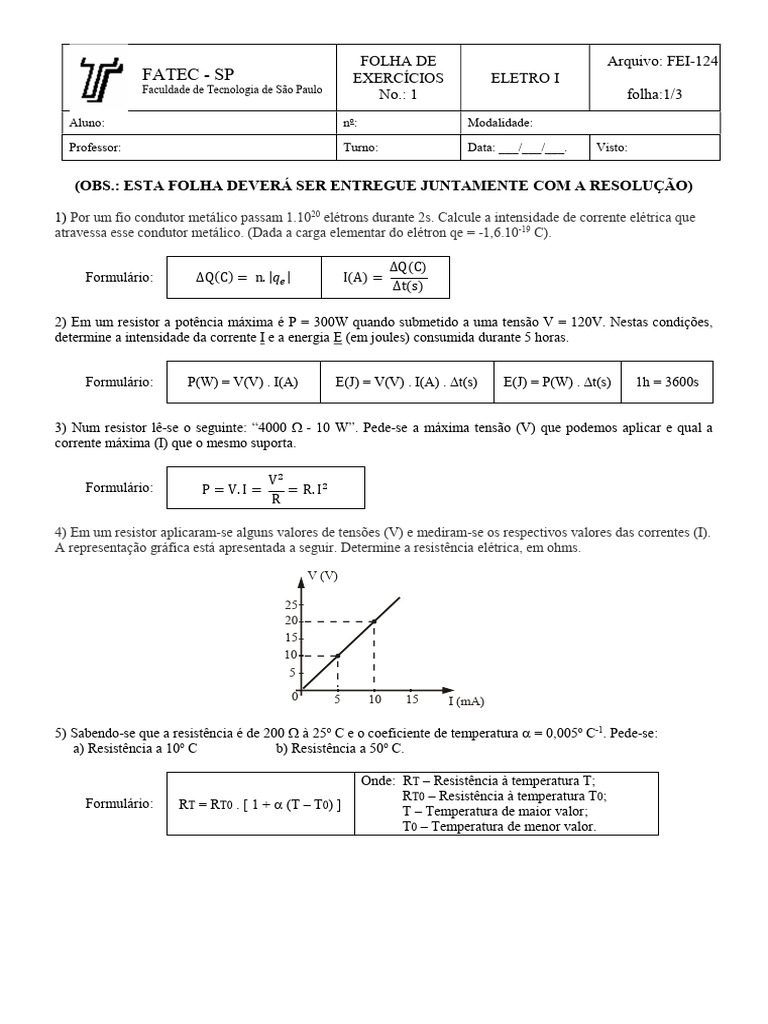 Eletro I Fe1 1âº2024 | PDF | Resistor | Resistividade elétrica e condutividade