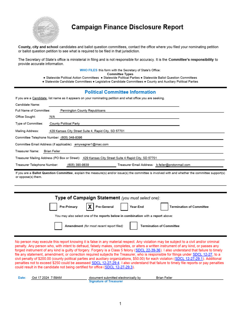 Pennington 2024 Campaign Finance Report | PDF | Political Action Committee