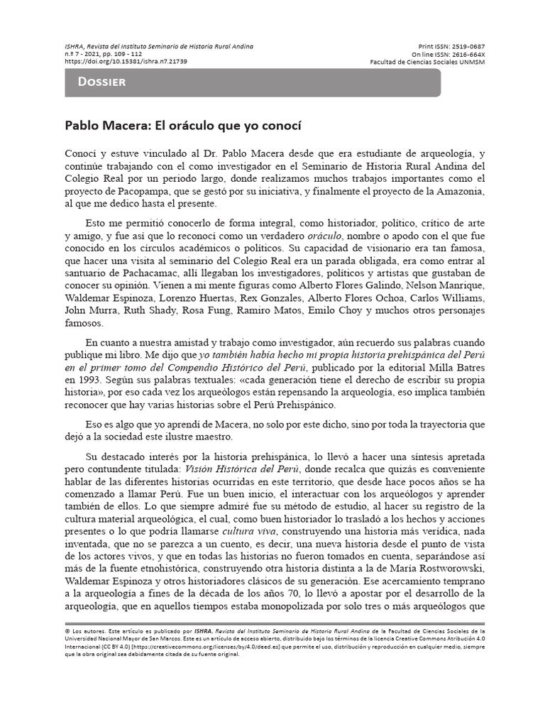 Pablo Macera: Historiador Visionario | PDF | Perú | Licencia Creative ...