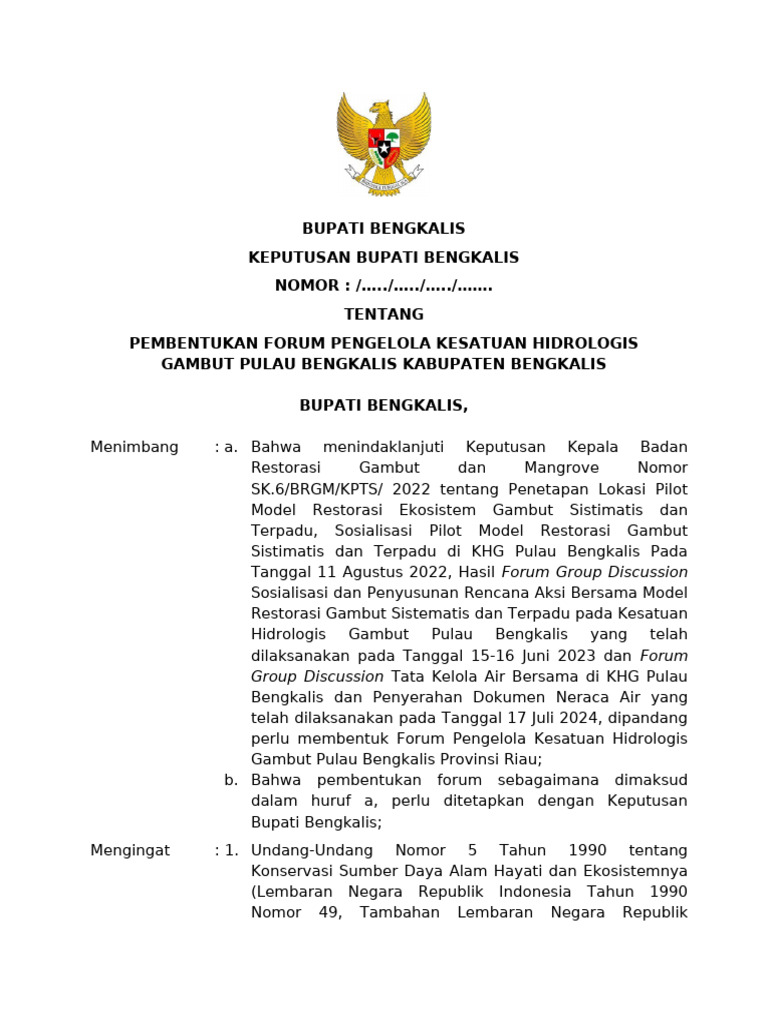 Contoh Draft SK Bupati Bengkalis Tentang Forum KHG Pulau Bengkalis | PDF