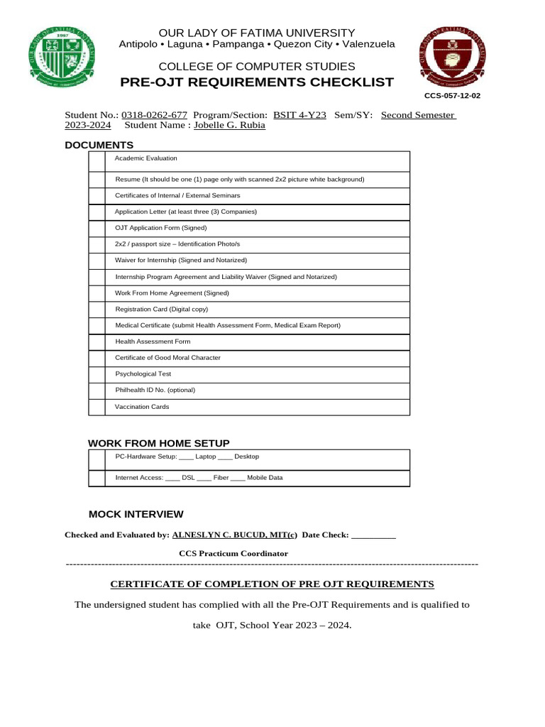 CCS-057-12-01 Pre-OJT-Requirements-Checklist 1-12-2023 | PDF