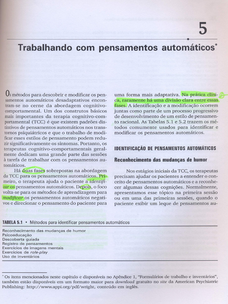 Trabalhando Com Pensamentos Automáticos (Cap 5 Aprendendo A TCC - Um Guia Ilustrado) | PDF