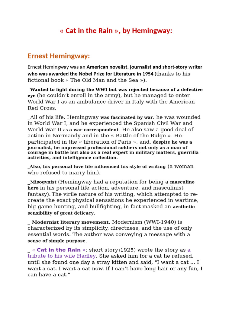 Cat in The Rain Analysis | PDF | Ernest Hemingway