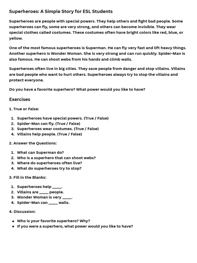 Superheroes A Simple Story For ESL Students | PDF