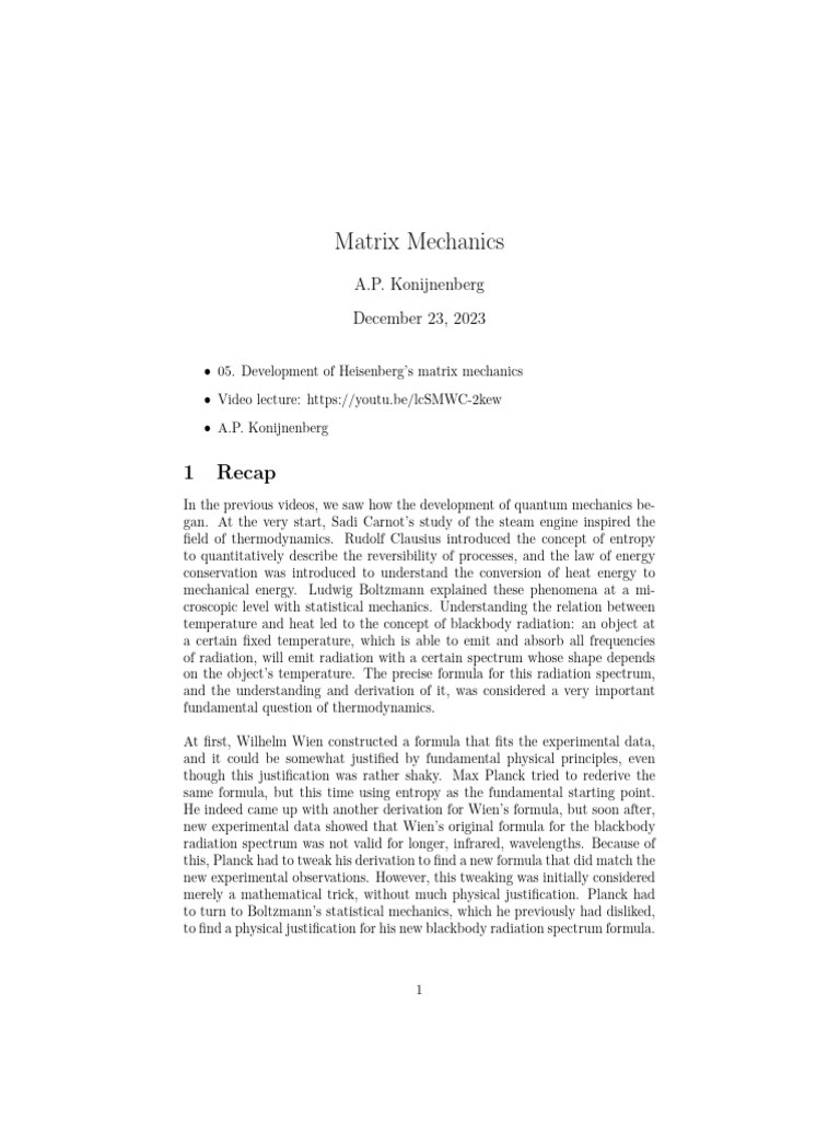 Development of Matrix Mechanics - Transcript | PDF | Electron | Quantum ...