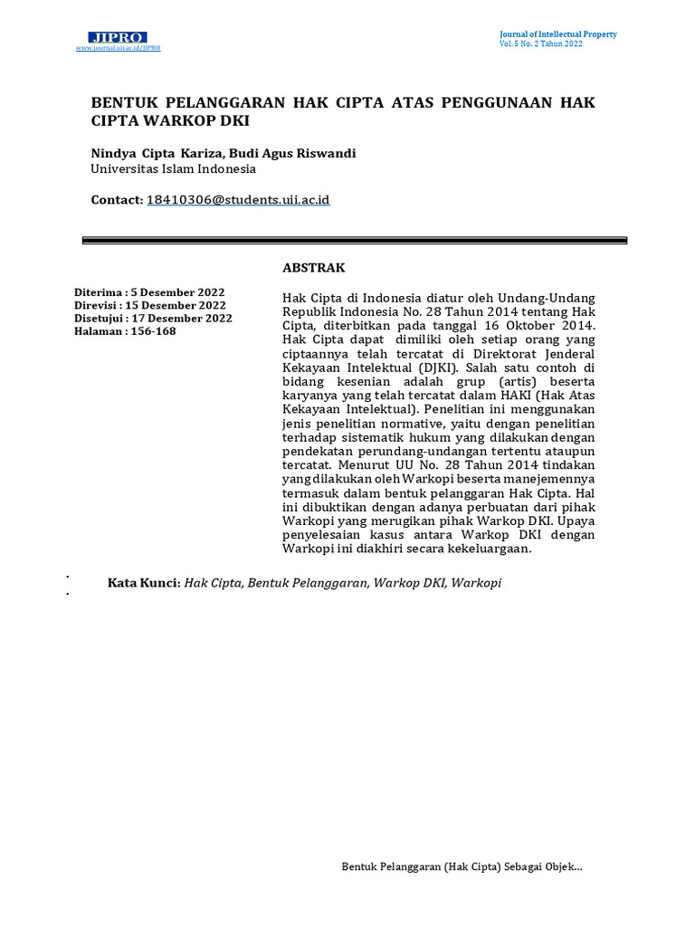 Bentuk Pelanggaran Hak Cipta Atas Penggunaan Hak Cipta Warkop Dki | PDF