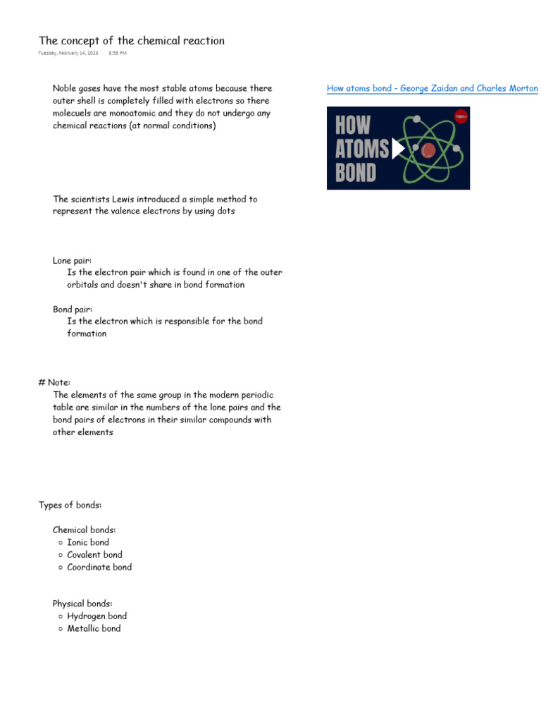 The Concept of The Chemical Reaction | PDF | Chemical Bond | Ionic Bonding