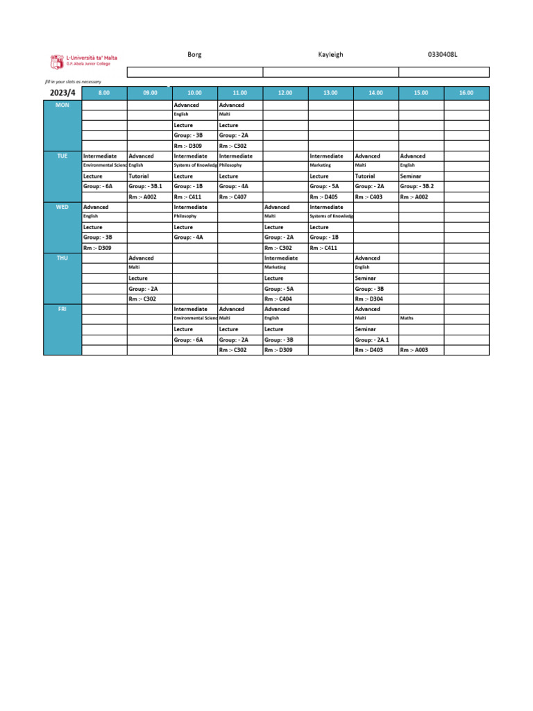 JC Student Timetable Kayleigh Borg | PDF