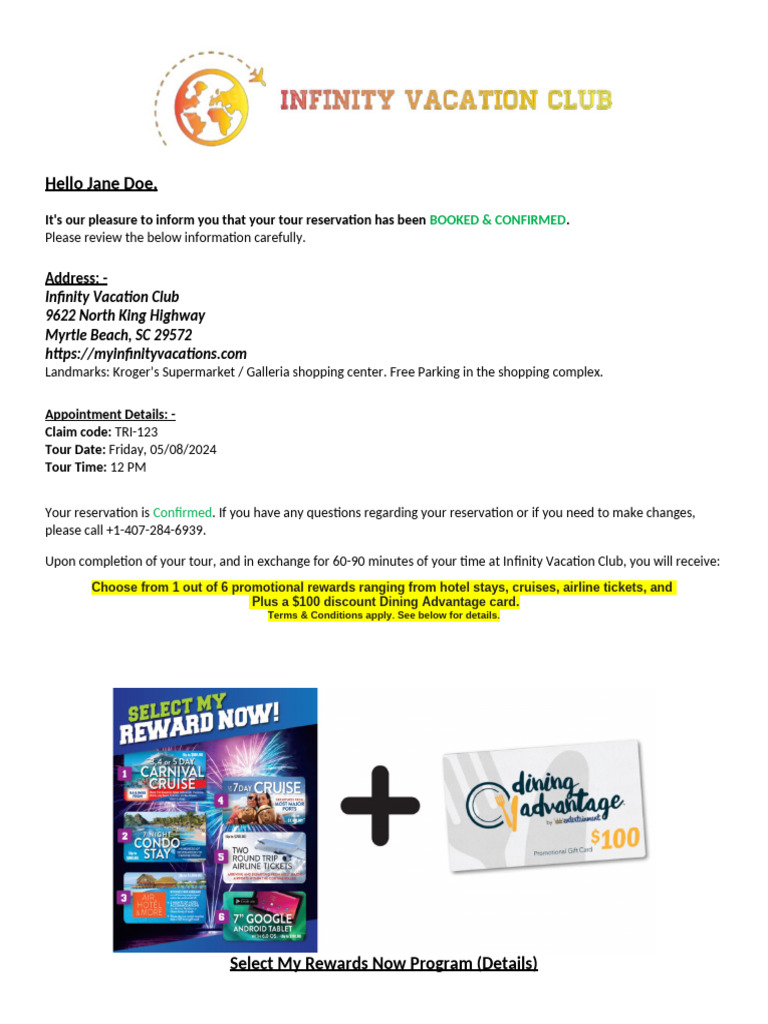 Confirmation Letter For Infinity Vacation Club | PDF | Fee | Cruise Ship
