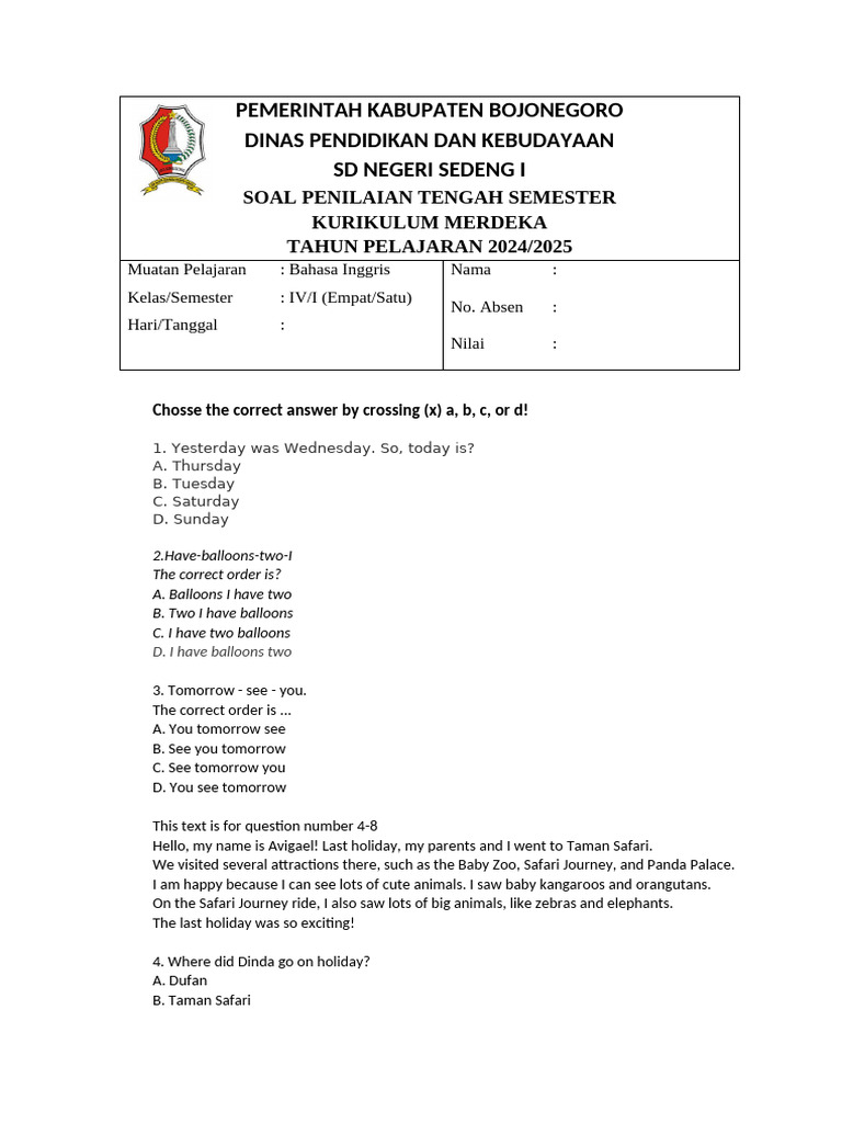 Soal PTS B.Inggris Kelas 4 Kumer - 2024 | PDF