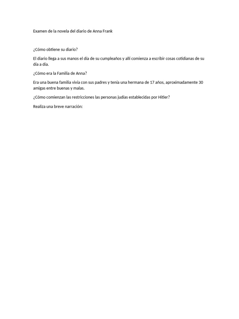 Examen de La Novela Del Diario de Anna Frank | PDF
