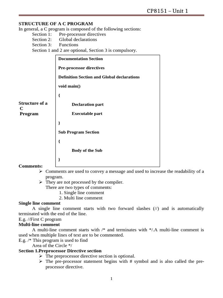 STRUCTURE OF A C PROGRAM | PDF | C (Programming Language) | Function (Mathematics)