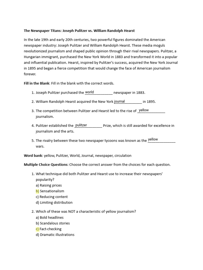 Samuel Bertschman - Quiz- Pulitzer Vs. Hearst | PDF | Newspapers ...