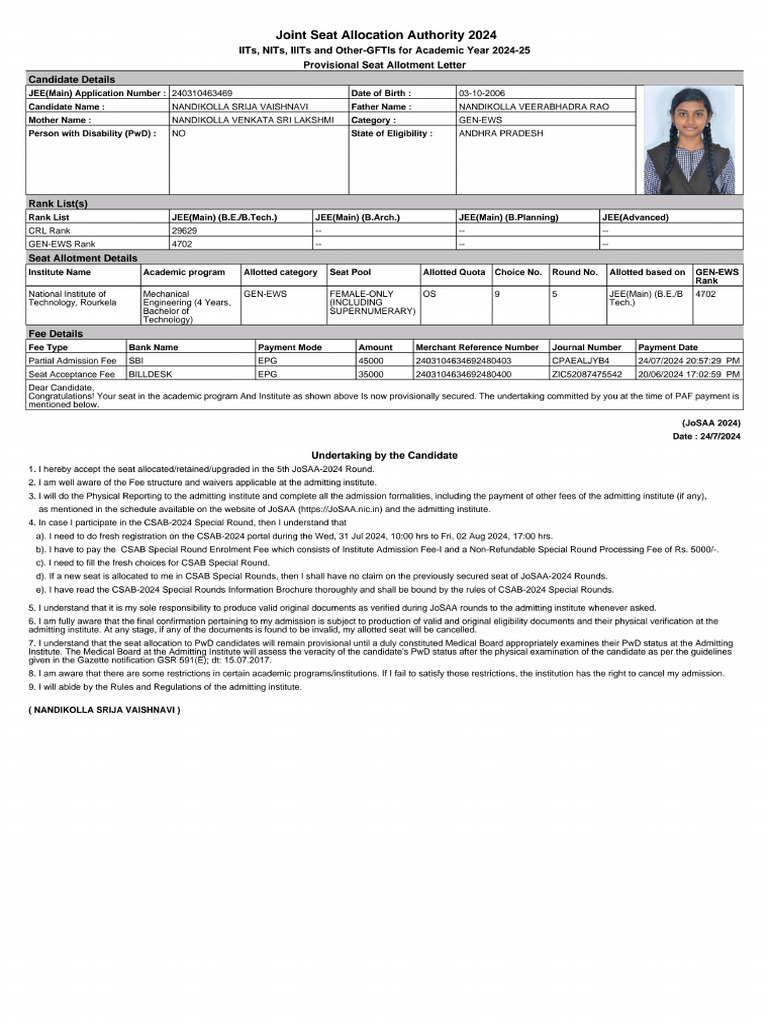 Provisional Seat Allotment Letter | PDF