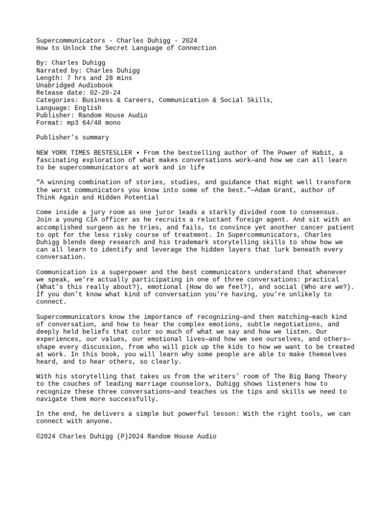 Supercommunicators - Charles Duhigg - 2024 | PDF | Storytelling | Human ...