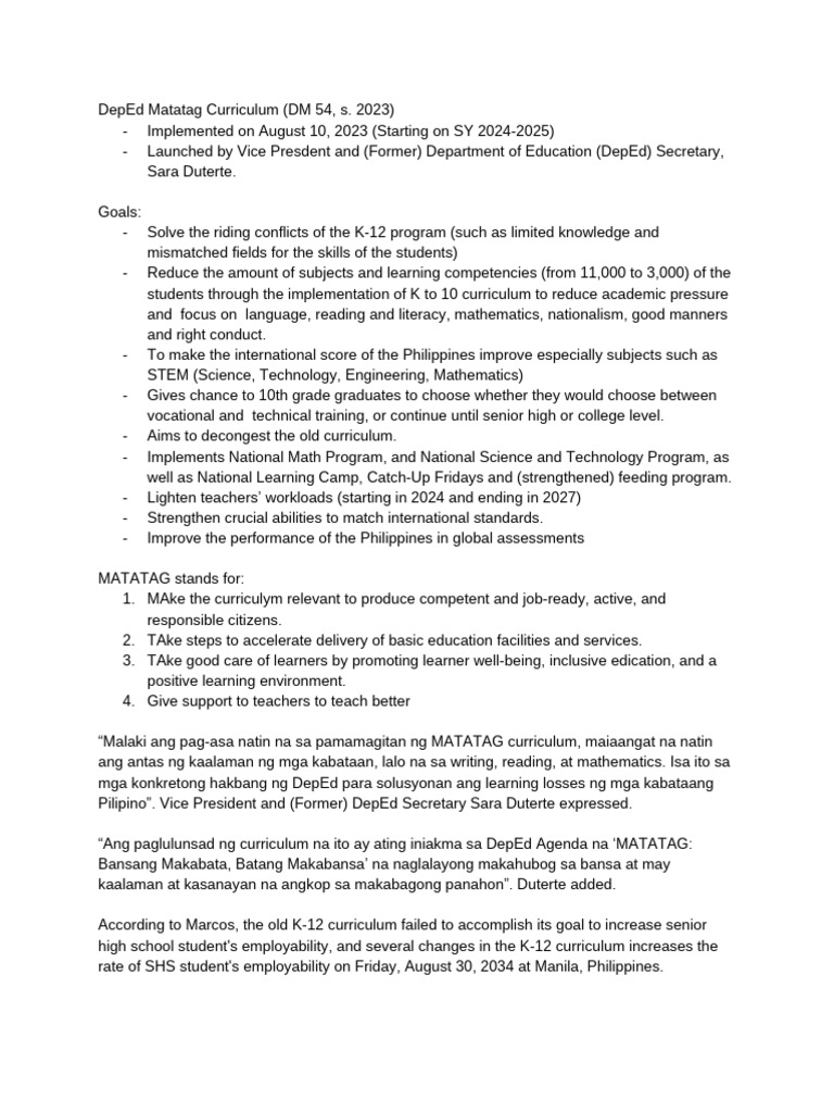 DepEd MATATAG Curriculum Fact Sheet | PDF | Curriculum | Science ...