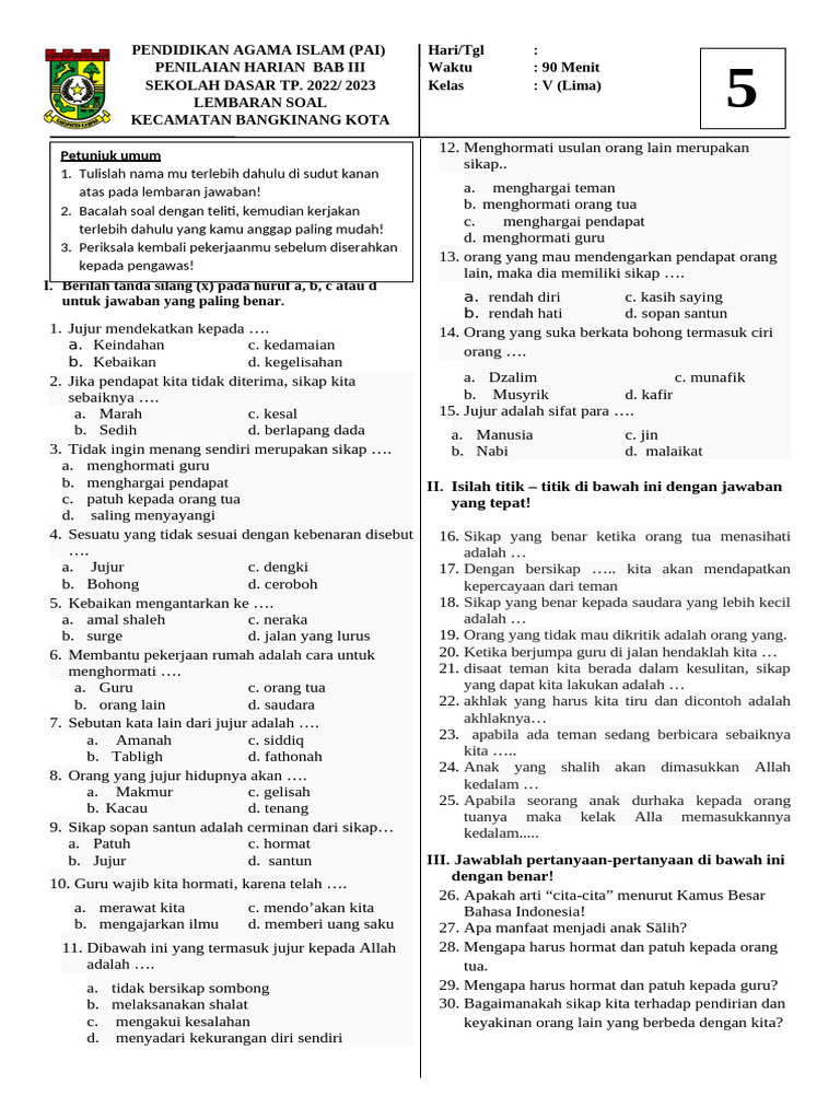 Soal PH PAI KLS 5 BAB 3 2022 | PDF