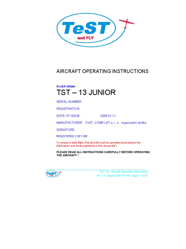 TST-13 Aircraft Manual With 503 Engine LSA Rev.1 | PDF | Stall (Fluid ...