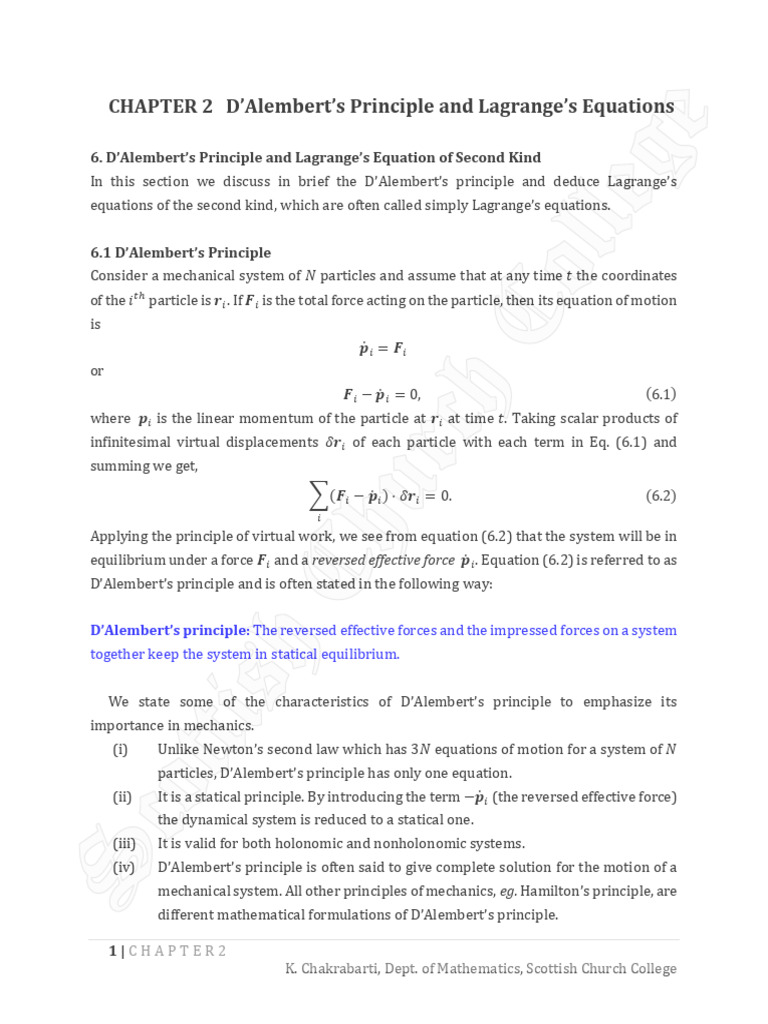 Principle And: D'Alembert's Lagrange's Equations | PDF | Lagrangian Mechanics | Force