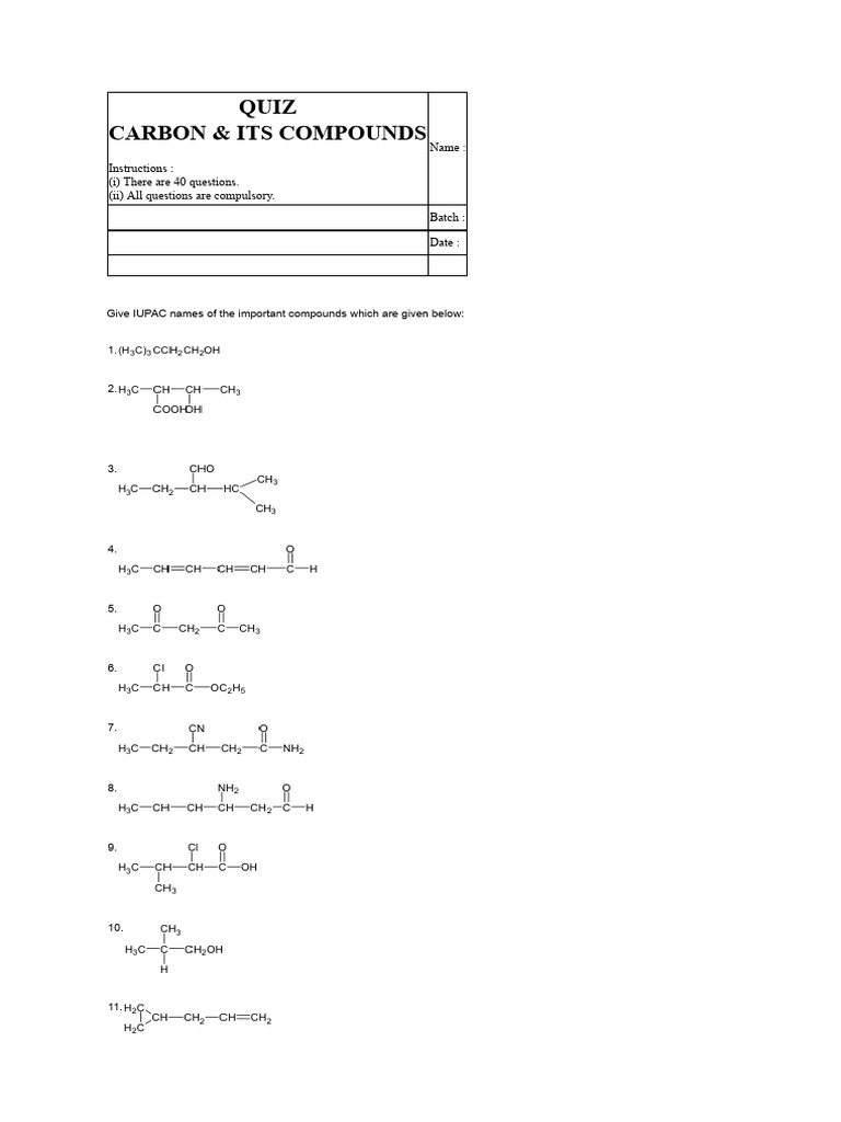 Carbon Compounds Quiz: IUPAC Naming | PDF