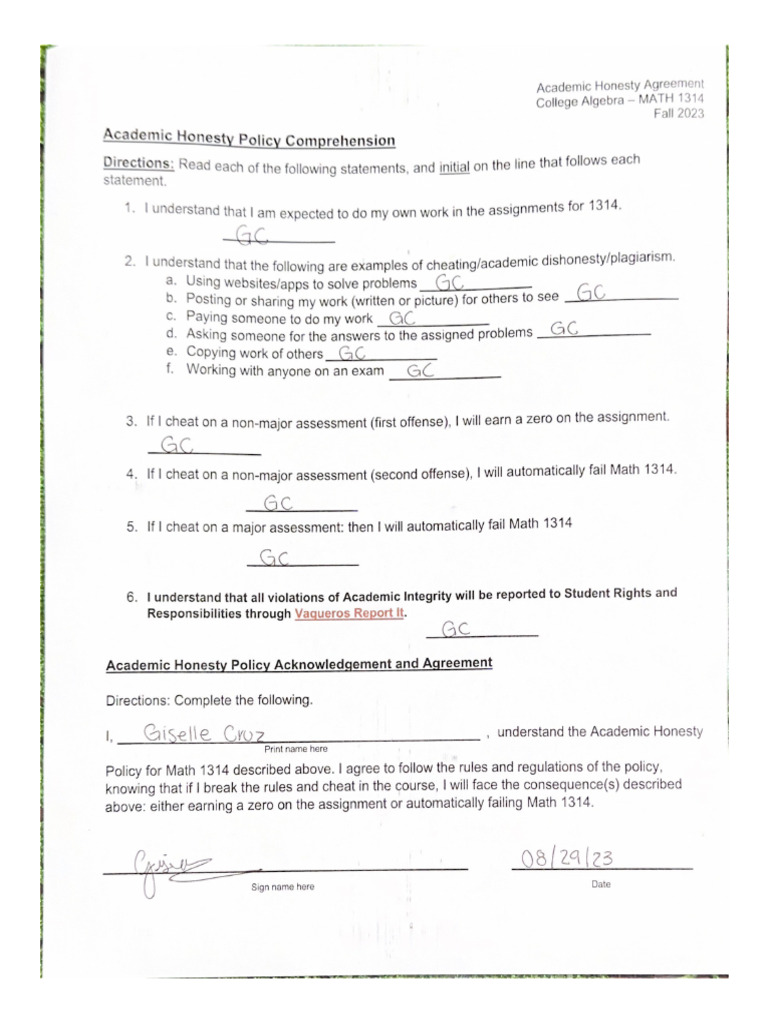 Academic Honesty Agreement | PDF