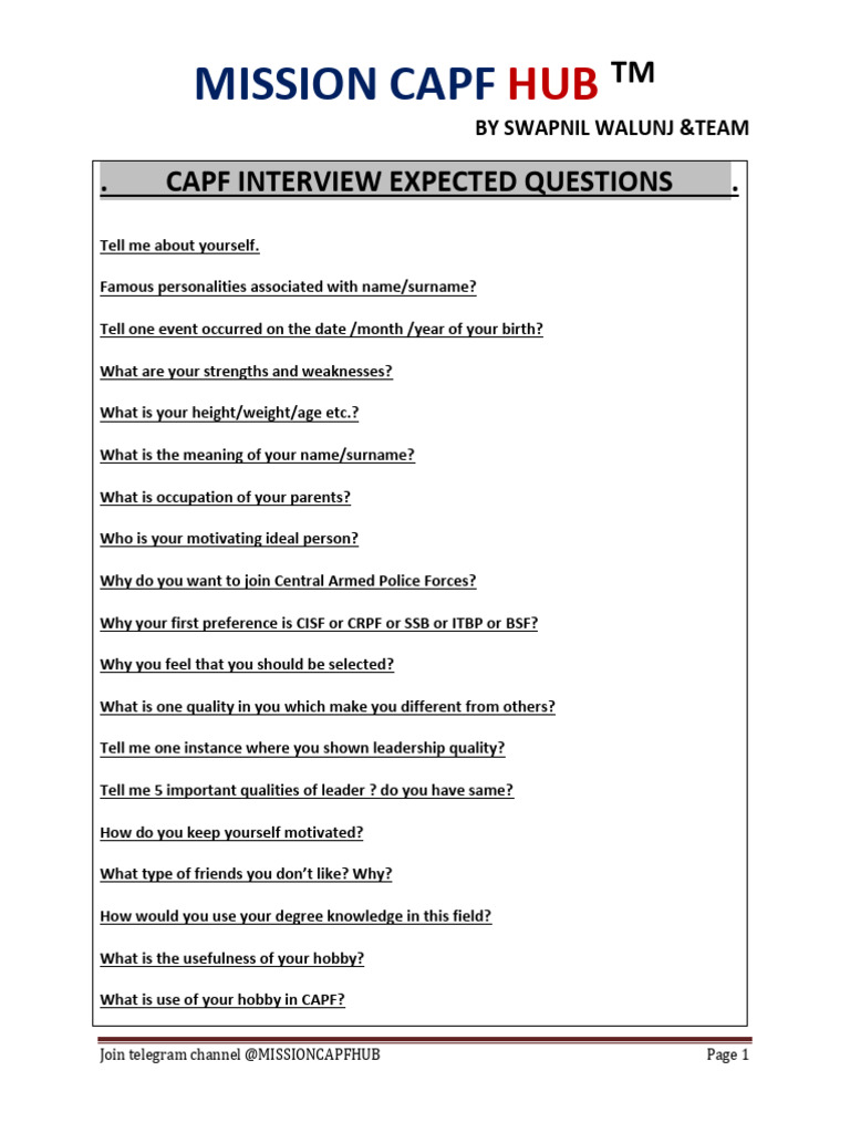 Capf Interview Expected Questions | PDF | Self-Improvement