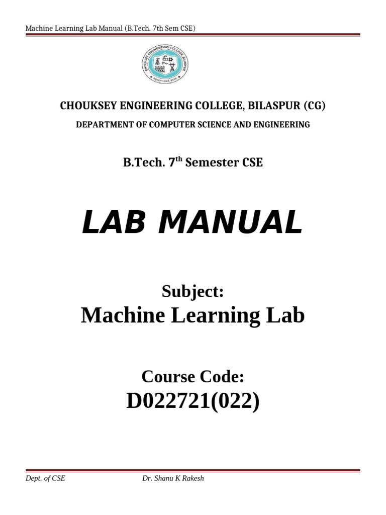 Machine Learning Lab Manual for CSE | PDF | Receiver Operating ...