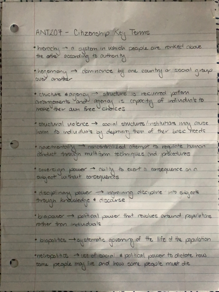 ANT207 Citizenship Key Terms | PDF