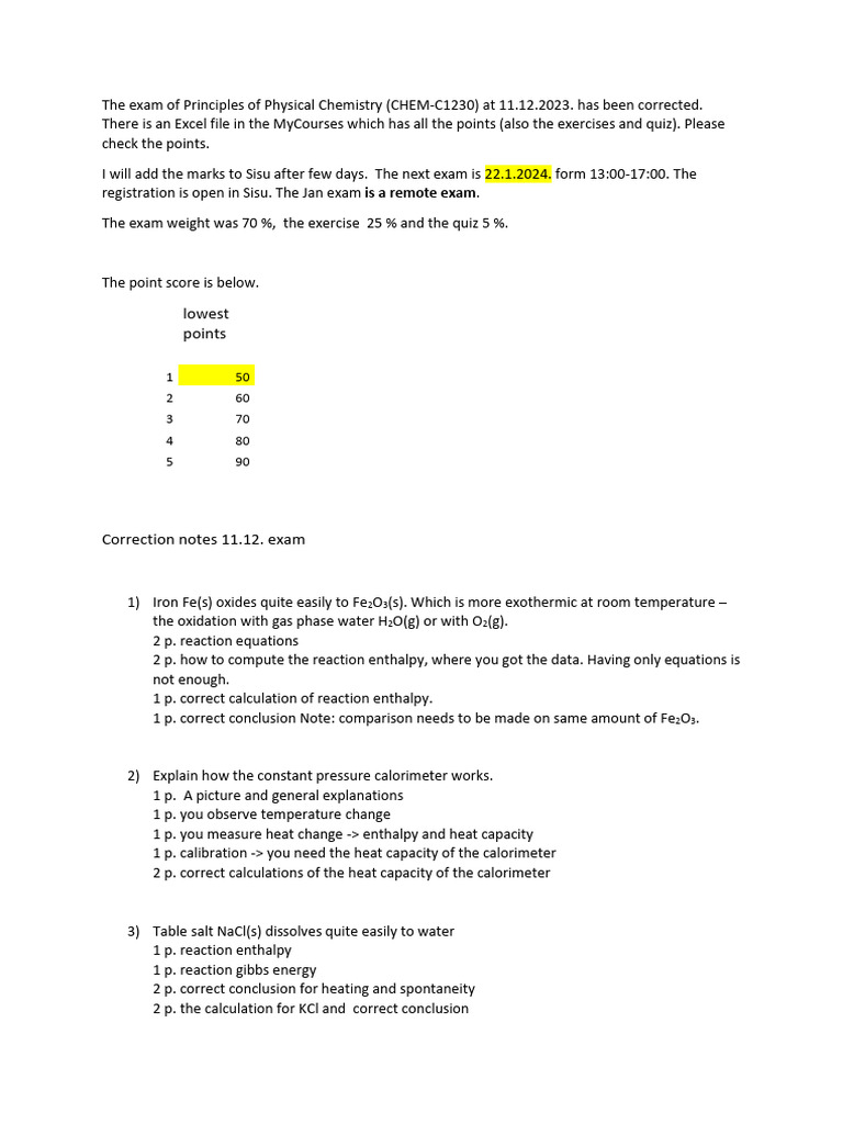 Exam of Principles of Physical Chemistry 2 at 11.12 | PDF | Chemical Equilibrium | Chemical ...