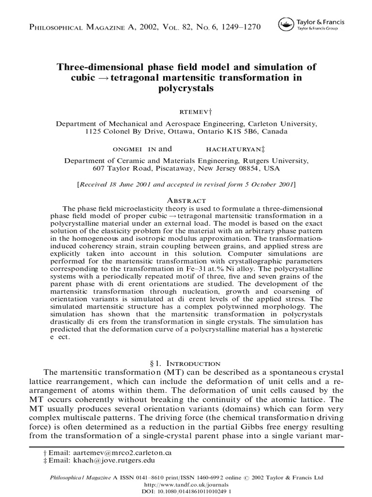 Three-Dimensional Phase Field Model and Simulation of Martensitic Transformation in Multilayer ...