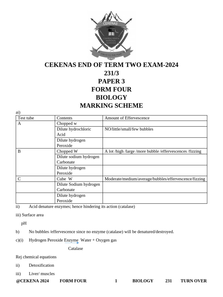 Biology Paper 3 Marking Scheme | PDF | Leaf | Catalase