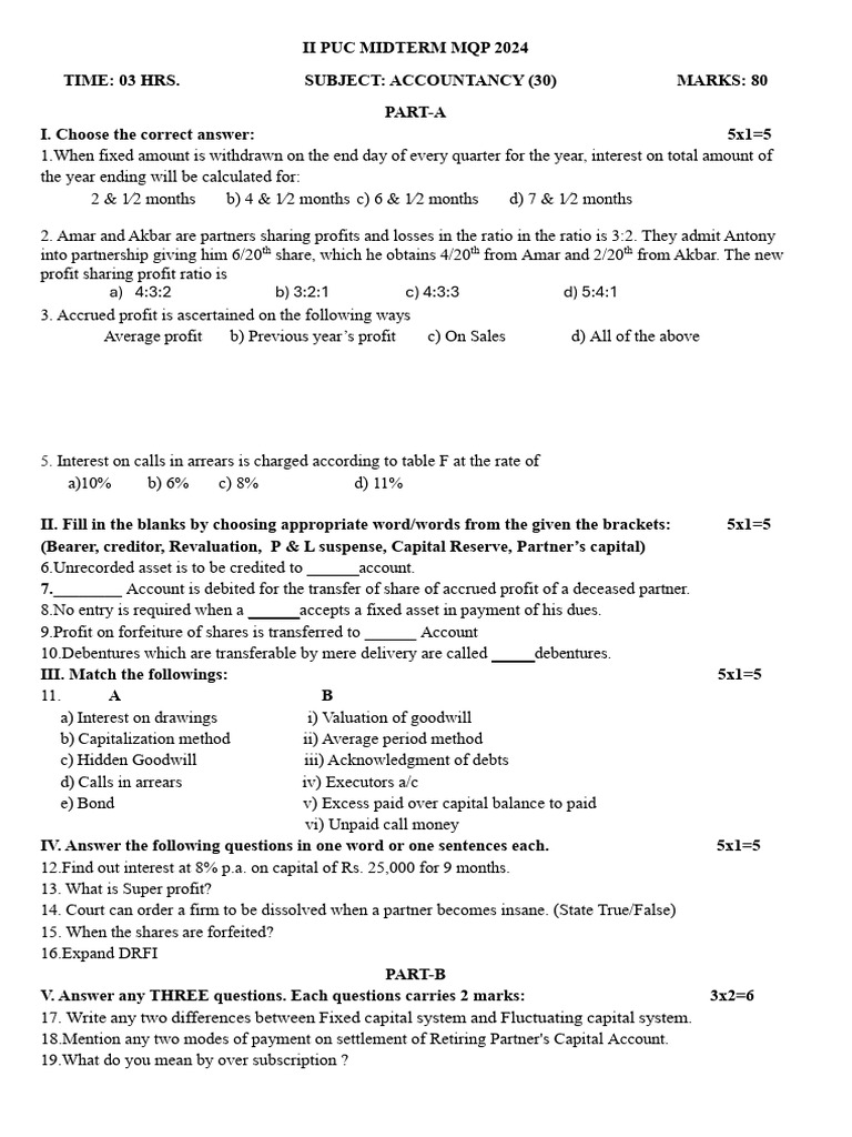 Ii Puc Acc Midterm MQP 2024 | PDF | Balance Sheet | Goodwill (Accounting)