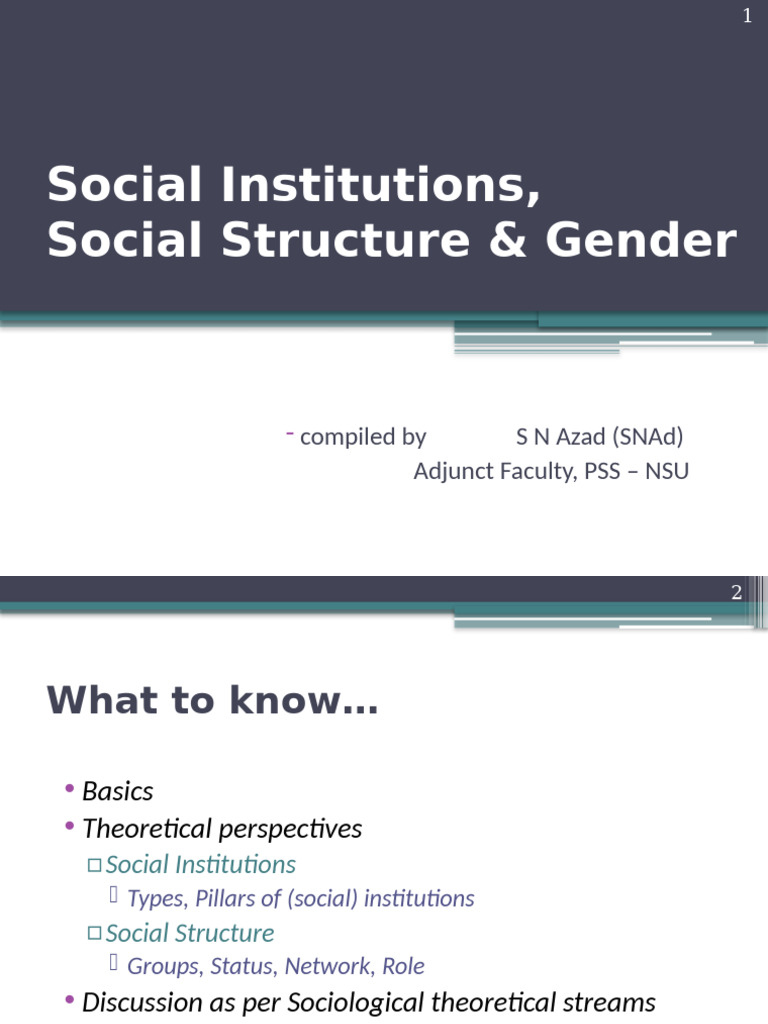 Social Institutions, Social Structure & Gender - Lec. 17-18 - SyNA ...