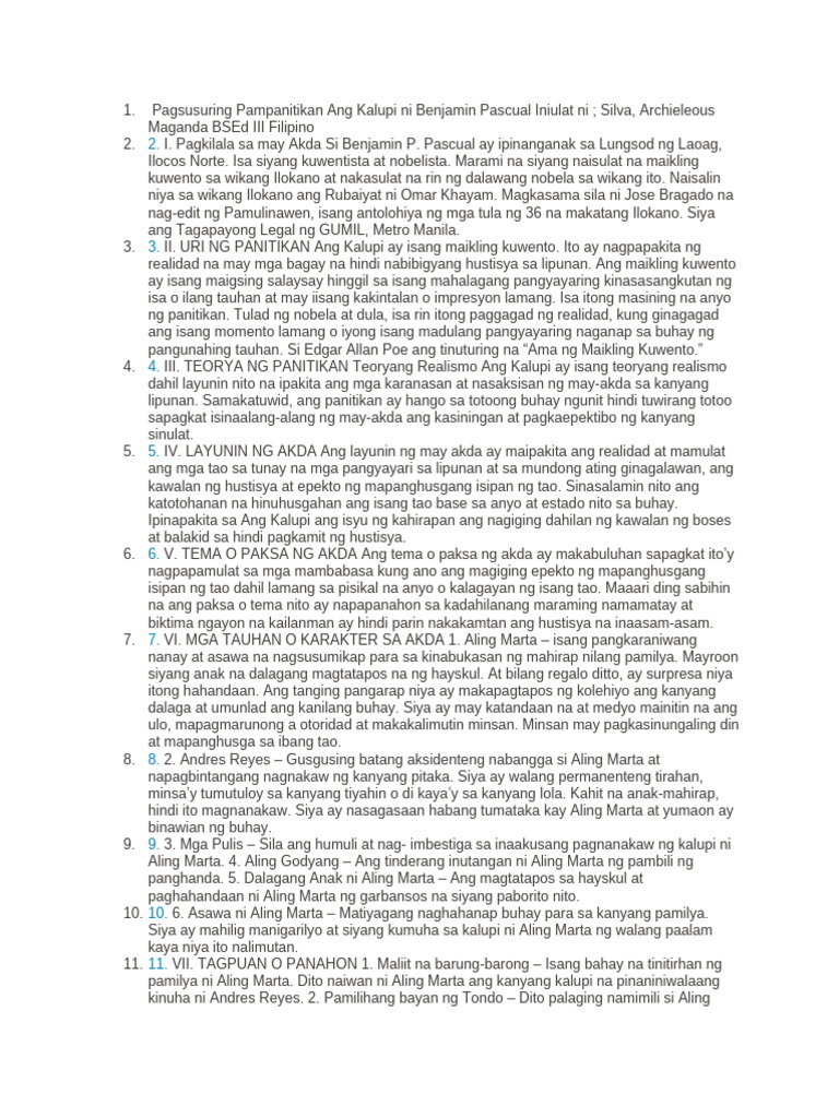 Pagsusuring Pampanitikan Ang Kalupi Ni Benjamin Pascual Iniulat Ni | PDF
