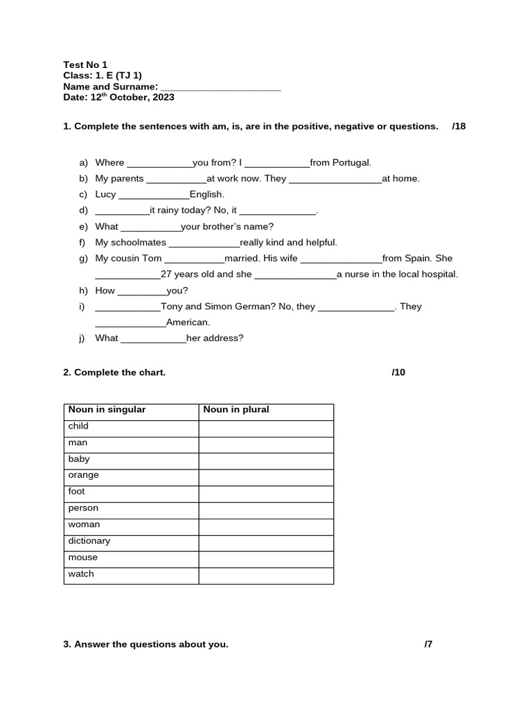 Test No 1 | PDF | Plural | Linguistics